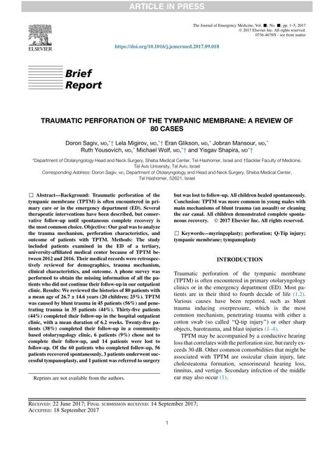 TRAUMATIC PERFORATION OF THE TYMPANIC MEMBRANE A R | Gustavo Montalvo ...