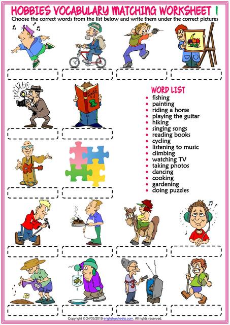 hobbies vocabulary esl matching exercise worksheet | Xime | uDocz