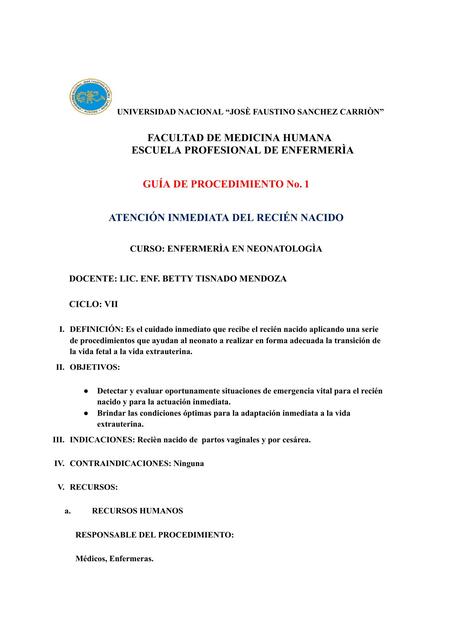 Guia De Procedimiento AtenciÓn Del RecÍen Nacido Heydi Mayli Rm Udocz