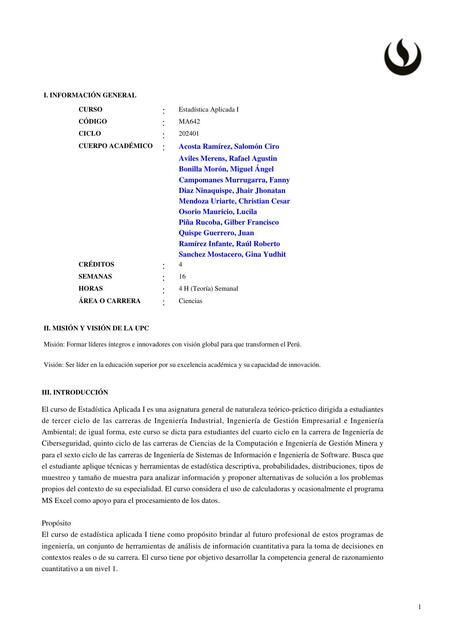 MA642 Estadistica Aplicada I | uDocz MA642 Estadistica Aplicada I | uDocz