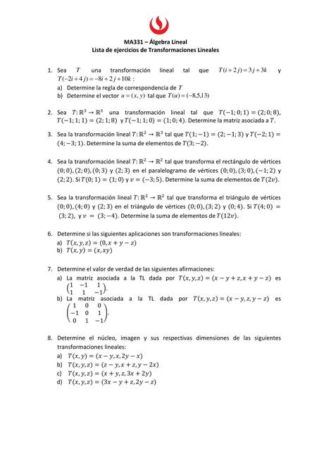 Lista de ejercicios de Transformaciones lineales 1 | Daniella Vargas | uDocz