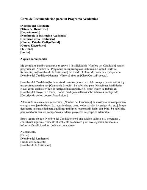 ejemplo de Carta de Recomendación para un Programa | META | uDocz