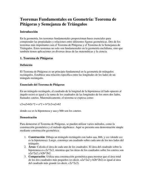 Teoremas Fundamentales en Geometría Teorema de Pitágoras y Semejanza de ...