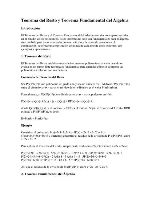 Teorema del Resto y Teorema Fundamental del Álgebra | META | uDocz