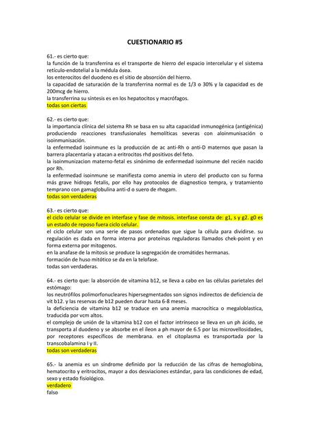 CUESTIONARIO HEMATOLOGÍA 5 | Nancy A3C | uDocz