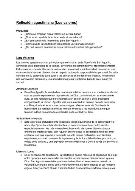 Reflexión agustiniana Los valores 1 | Mariana | uDocz