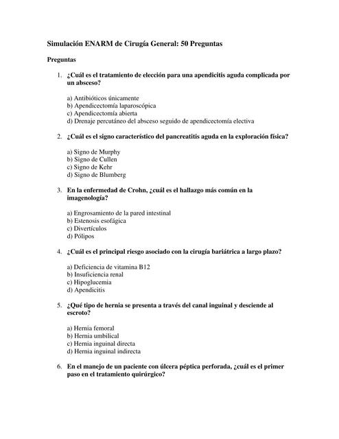 Simulación ENARM de Cirugía General 50 PREGUNTAS | META | uDocz