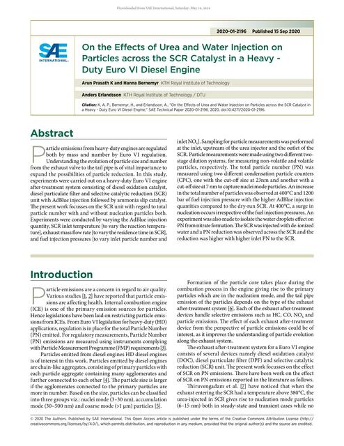 ON THE EFFECTS OF UREA AND WATER INJECTION ON PARTICLES ACROSS THE SCR ...
