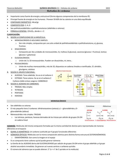 QCA BIOLGICA Clase 1 Hidratos de carbono | Florencia Ballardini | uDocz