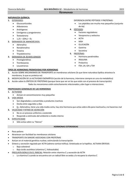QCA BIOLGICA Clase 12 Metabolismo de hormonas | Florencia Ballardini | uDocz