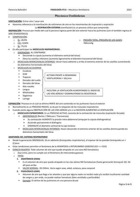 6 CLASE Mecanica Ventilatoria | Florencia Ballardini | uDocz
