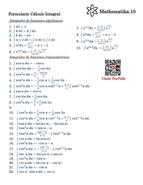 Formulario Cálculo Integral Mathematika.10 | Ulises | uDocz