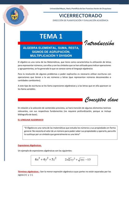 TEMA 1 ALGEBRA ELEMENTAL SUMA RESTA SIGNOS DE AGRU | Sheyla RAMOS | uDocz