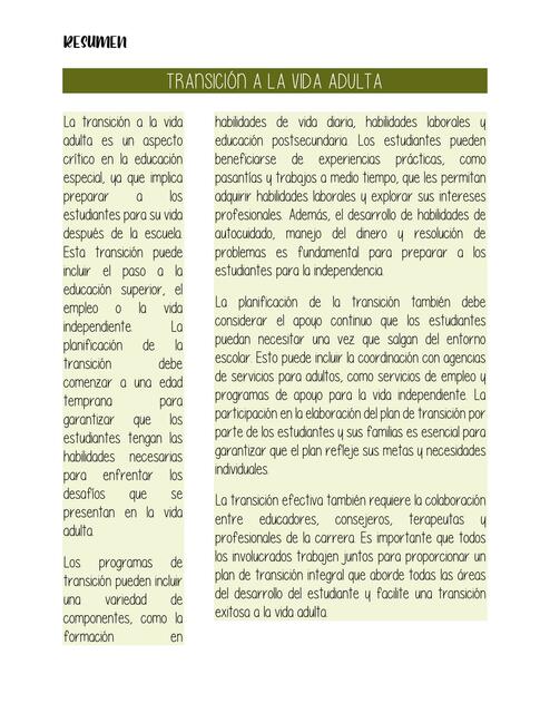RESUMEN- TRANSICIÓN A LA VIDA ADULTA | Educación Especial | uDocz