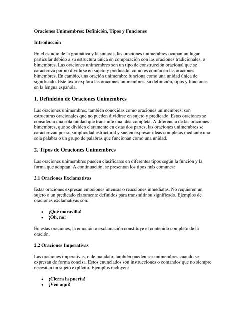 Oraciones Unimembres Definición Tipos y Funciones | META | uDocz