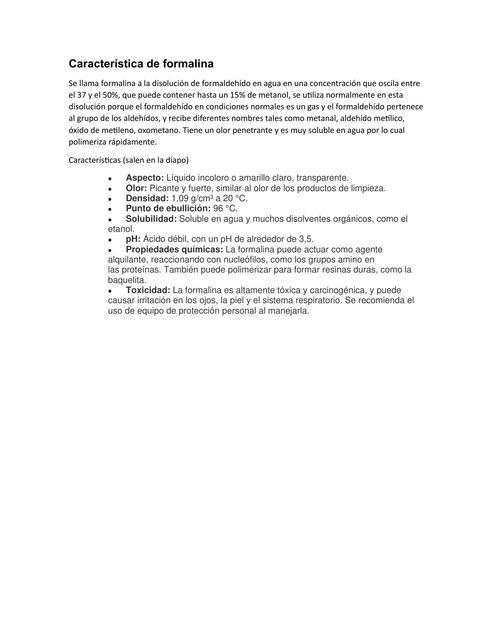 caracteristicas de la formalina | Kenaki | uDocz