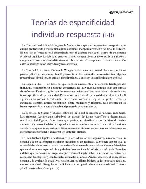 Teorías de especificidad individuo respuesta | Jenn Psicostudy | uDocz