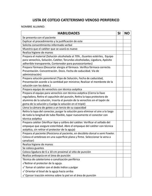 LISTA DE COTEJO CATETERISMO VENOSO PERIFERICO | Yareth Mendoza | uDocz