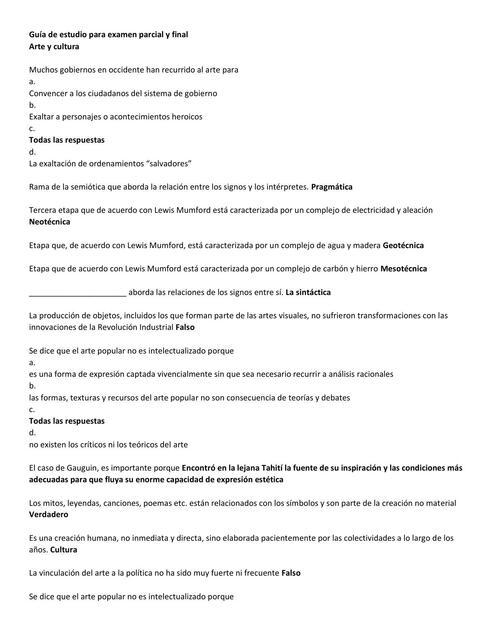 Guía para examen parcial y examen final de Arte y Cultura | Lari DP | uDocz