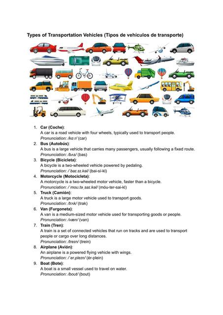 Types of Transportation Vehicles (Tipos de vehículo) | Yo arqueo | uDocz