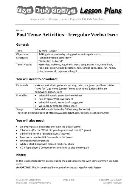past tense irregular verbs lesson plan 01 | Jannete | uDocz