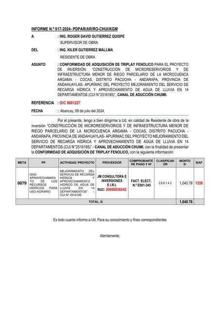 INFORME 17 conformidad TRIPLAY | Kiler Gutierrez Mallma | uDocz