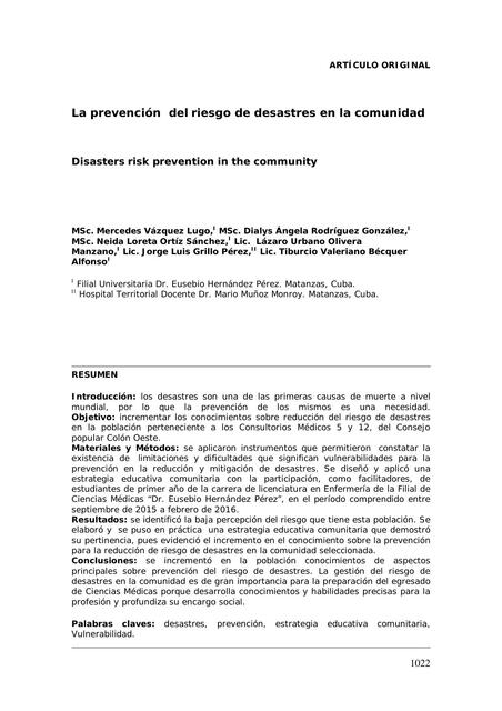 La prevención del riesgo de desastres en la comuni | Investigación y estudios | uDocz