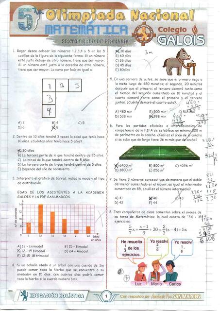 OLIMPIADA NACIONAL MATEMATICA 6TO PRIMARIA | Luis Huamaní Cabana | uDocz