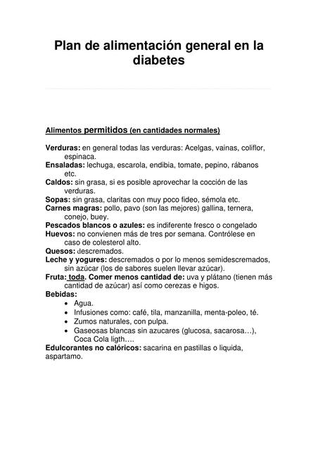 Plan de alimentación general en la diabetes | META | uDocz