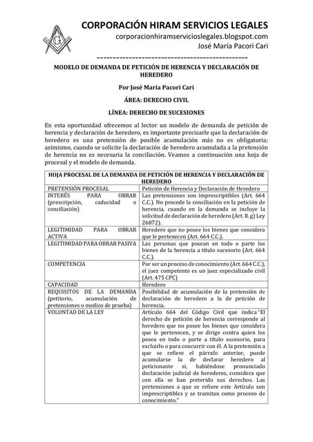 MODELO DE DEMANDA DE PETICIÓN DE HERENCIA Y DECLAR | ASOC | uDocz