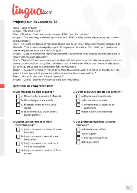 Francés Projets pour les vacances | META | uDocz