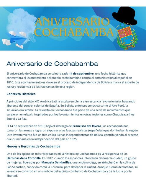 Aniversario de Cochabamba | Sarita Olivares Gallegos | uDocz
