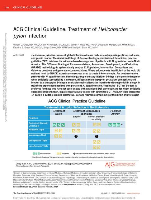 Flashcards de ACG Clinical Guideline Treatment of Helicobacter pylori | Por joel Caicedo | uDocz