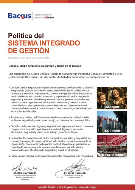 Politica del Sistema Integrado de Gestion Backus 0 | Marisol | uDocz