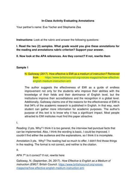 In Class Activity Evaluating Annotations | Stephanie | uDocz