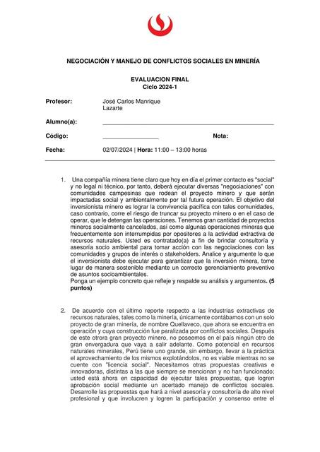 EXAMEN FINAL NEGOCIACIÓN Y MANEJO DE CONFLICTOS SO | Renan | uDocz