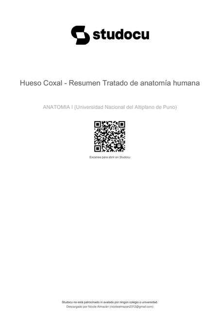 hueso coxal resumen tratado de anatomia humana | Nicole | uDocz
