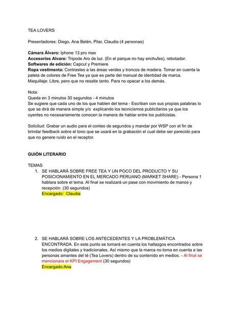 Guión para T1 Estrategia para Free Tea | Claudia Almendra | uDocz