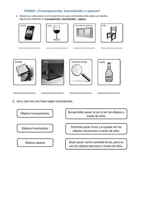 ficha cuerpos transparentes traslucidos y opacos | Isabel | uDocz