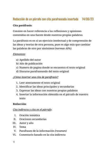 Redacción de un párrafo con cita parafraseada insertada | Fania | uDocz