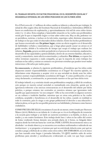 El trabajo infantil un factor perjudicial en el desempeño escolar y ...