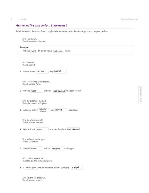 Grammar The past perfect Statements 2 TN 3 | Y:S | uDocz