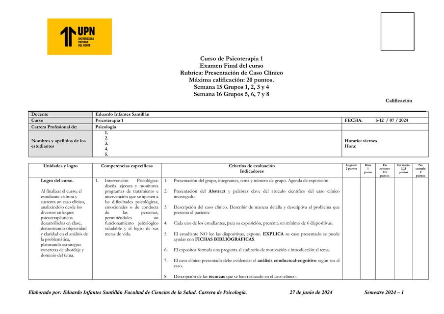 Rúbrica de Presentación de Caso Simulado Semana 16 | Paulo Armey | uDocz