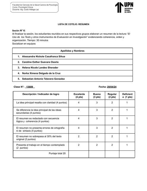 LISTA DE COTEJO RESUMEN | Caroline Guevara | uDocz