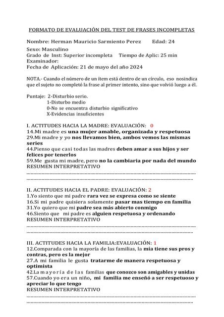 Formato de Calificación Test de frases incompletas | Andrea | uDocz
