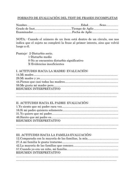 Formato de Calificación Test de frases incompletas | Andrea | uDocz