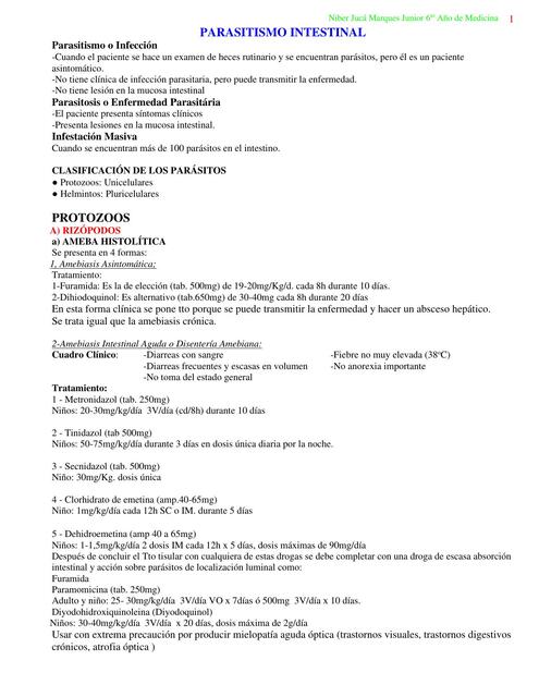 PARASITISMO INTESTINAL | Apuntes Academiscos Medicina | uDocz