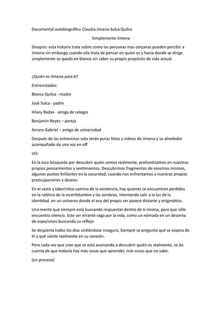 Documental autobiográfico Claudia Jimena Sulca Qui | jimena | uDocz