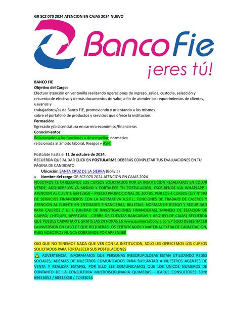 CAJERO BANCO FIE SCZ | luuu | uDocz