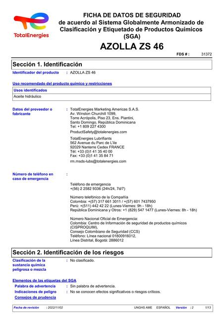 FICHA DE DATOS DE SEGURIDAD ACEITE AZOLLA ZS 46 | Luis Enrique Gonzalez ...